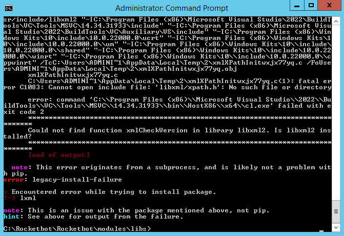 Crear nuevo modulo, instalar librería snscrape. Error: Could not find function xmlCheckVersion ...